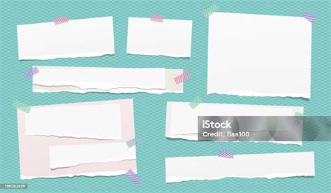 흰색 찢어진 노트북 종이 세트 찢어진 노트 종이 스트립 사각형 청록색 배경에 다채로운 스티커 테이프붙어 벡터 일러스트레이션 0