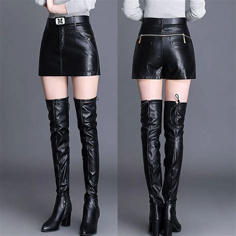 Plus Size Women High Waist Pu Leather Skirt Pantskirt Micro Mini Skirts
