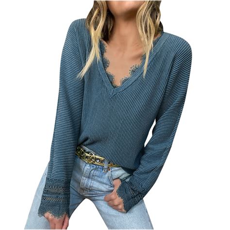 Fall Tops For Women V Neck Lace Trim Long Sleeve Dressy Blouse Solid