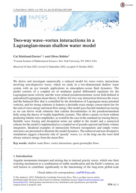 Pdf Two Way Wavevortex Interactions In A Lagrangian Mean Shallow