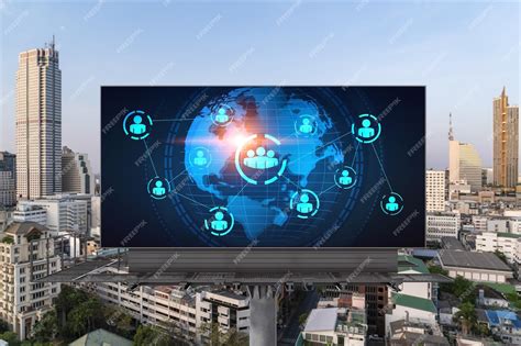 Premium Photo World Planet Earth Map Hologram And Social Media Icons On Billboard Over