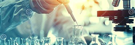 Scientist In Lab Coat Conducting Precise Experiment With Test Tube Under Microscope Glow Stock