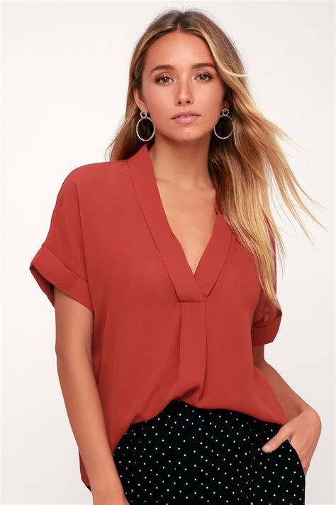Chic Rust Red Top Short Sleeve Top Blouse Office Chic Top Lulus