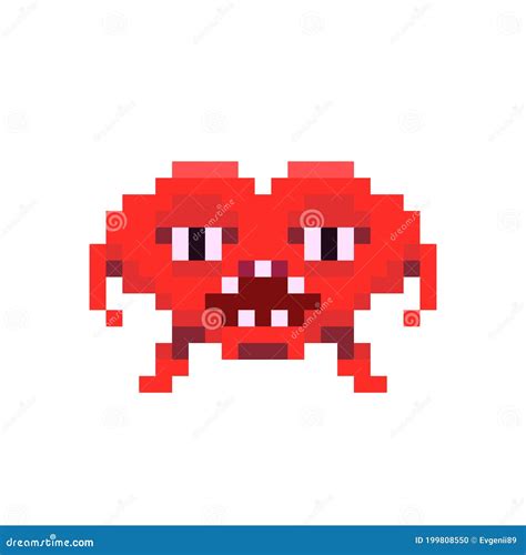 Angry Red Space Invader Monster Game Enemy In Pixel Art Style On White