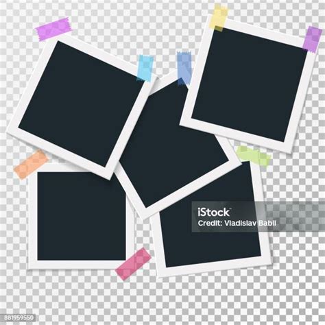 스티커 테이프 평방 벡터 사진 프레임의 집합입니다 가로 및 세로 서식 파일 사진 디자인입니다 벡터 일러스트입니다 절연된에 투명 한 배경 즉석 인화 전송에 대한 스톡 벡터