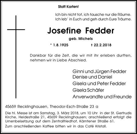 Traueranzeigen Von Josefine Fedder Trauer In Nrw De