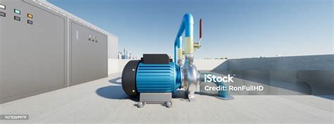 물 탱크 옥상에 있는 물 펌프 스테이션의 3d 렌더링 원심 펌프 전기 모터 파이프 라인 밸브 및 전기 제어 상자를 포함합니다 분배 용수를위한 산업 작업의 기계 3차원 형태에