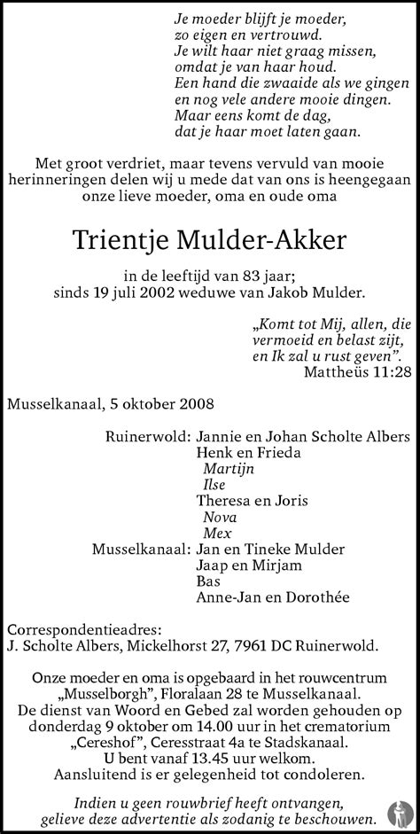 Trientje Mulder Akker 05 10 2008 Overlijdensbericht En Condoleances