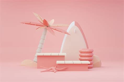 3d 렌더링 여름 판매 연단은 제품을 보여주기 위해 서 있습니다 모의를 위한 여름의 해변 휴가 장면 0명에 대한 스톡 사진 및 기타 이미지 Istock