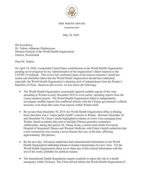 難怪川普一回鍋就退出世衛組織。 在2020就親筆寫信給drt， 羅列幾項問題： 中國強烈施壓各國取消旅行限制。 中國國家主席習近平施壓