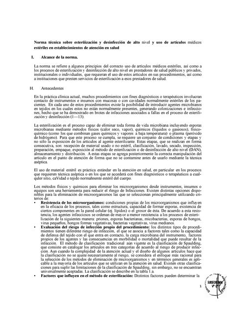 Norma General Técnica N sobre esterilización y desinfección de alto nivel y uso de artículo