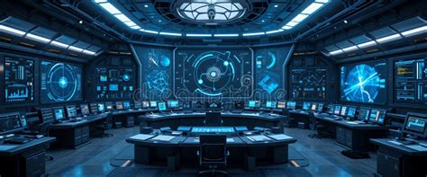 Futuristic Blue Control Room Interior with Glowing Digital Screens and Multiple Workstations ...