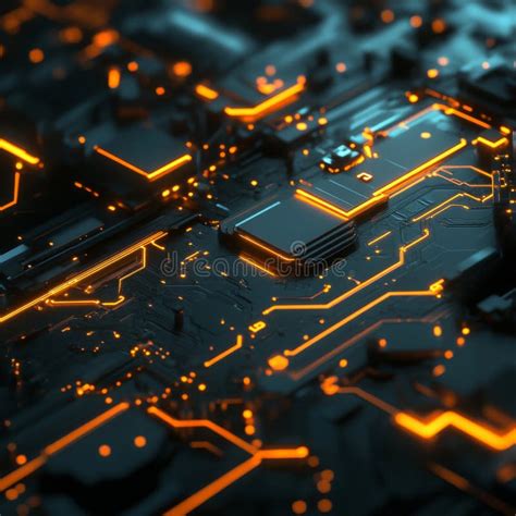 Futuristic Circuit Board With Glowing Orange Traces And Complex Patterns Stock Image Image Of