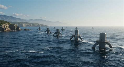 Rows Of Futuristic Cylindrical Structures With Tripodal Bases Float In The Ocean Near A Stock