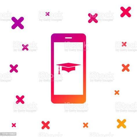 색상 졸업 모자와 스마트 폰 아이콘 흰색 배경에 격리된 온라인 학습 또는 E러닝 개념 아이콘입니다 그라데이션 임의 동적 모양입니다 벡터 일러스트레이션 가능성에 대한 스톡