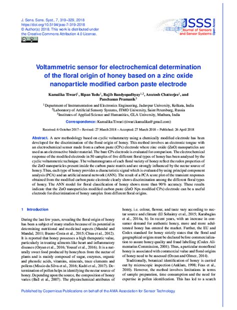 Pdf Voltammetric Sensor For Electrochemical Determination Of The Floral Origin Of Honey Based