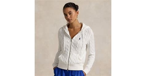 Polo Ralph Lauren Cable Knit Cotton Full Zip Hoodie In White Lyst