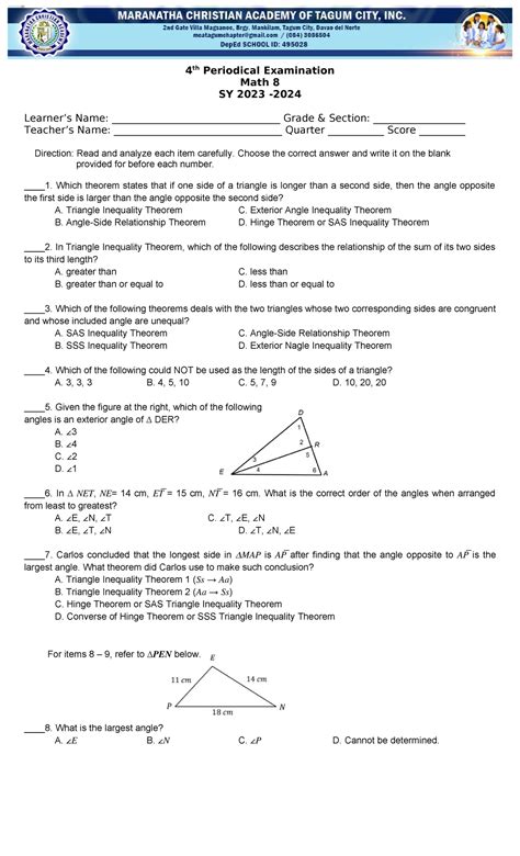 Math 8 4th Periodical Exam 4 Th Periodical Examination Math 8 Sy 2023
