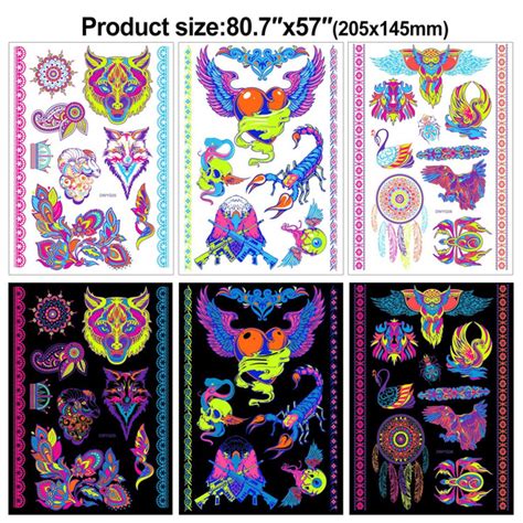 8 Large Sheets Neon Temporary Tattoos 100 Shimmer Designs Glow Uv