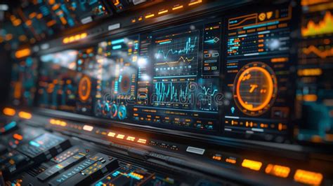 Close Up Of A Futuristic Control Panel With Digital Displays And Graphs