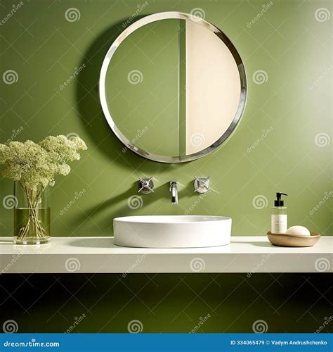 White Counter With Ceramic Vessel And Chrome Faucet Round Mirror On