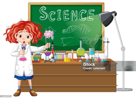 ตัวการ์ตูนนักวิทยาศาสตร์ที่มีวัตถุห้องปฏิบัติการวิทยาศาสตร์ ภาพประกอบสต็อก ดาวน์โหลดรูปภาพ