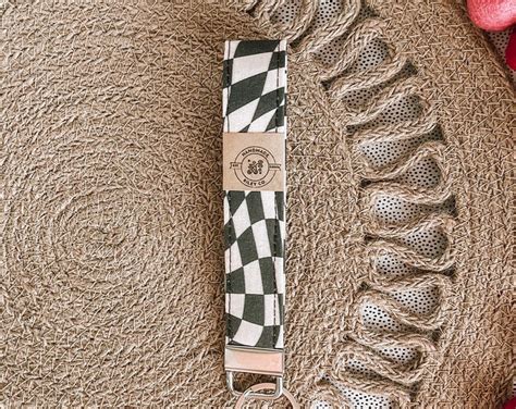 Wavy Black Checkered Key Fob Retro Wristlet Groovy Keychains Etsy