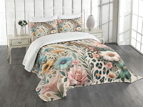 Ambesonne Leopard Print Quilted Bedspread Set 3 Pcs Wild Springtime