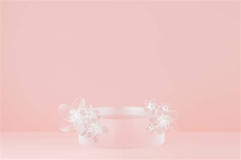 3d 사실적인 시상대 배경 분홍색에 젖빛 투명 유리 원통형 받침대 유리 봄 꽃을 장식 모형 3d 렌더링으로 사용합니다 배치 제품