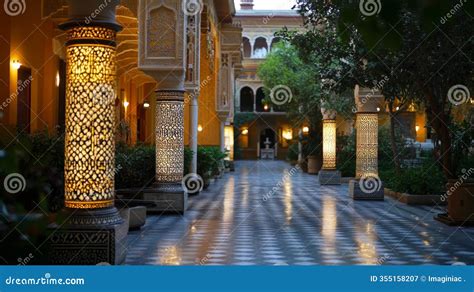 Courtyard With Columns And Swimming Pool Stock Illustration 223428679
