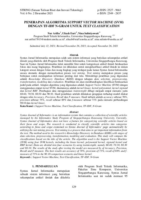 pdf penerapan algoritma support vector machine svm dengan tf idf n