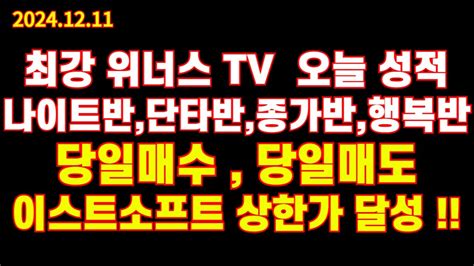 12월11일 위너스tv 성적 상한가 이오플로우 종가반 초대박 이스트소프트제이씨현시스템 다 성공 이것이 바로 수익이다