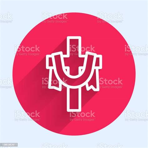 긴 그림자로 고립 된 화이트 라인 기독교 십자가 아이콘 교회 십자가 빨간색 원 버튼입니다 벡터 0명에 대한 스톡 벡터 아트 및
