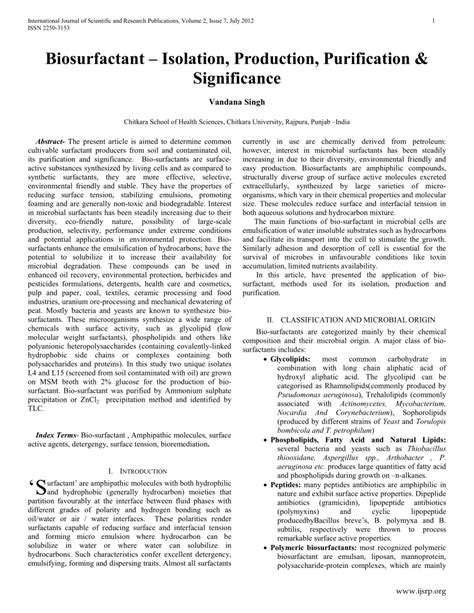 Pdf Biosurfactant Isolation Production Purification And Significance