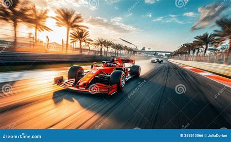 Formula One Race Car Speeding On A Sunny Race Track With Motion Blur