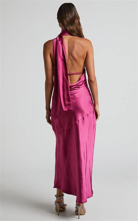 Evana Midi Dress High Asymmetrical Neck Satin Slip Dress In Fuschia