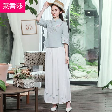 中国风汉服夏装改良唐装套装女复古棉麻茶服民国风绣花旗袍上衣女 虎窝淘