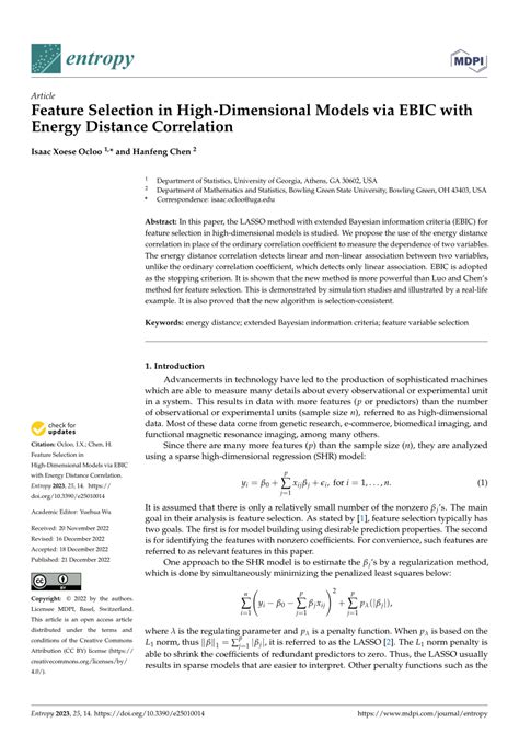 Pdf Feature Selection In High Dimensional Models Via Ebic With Energy