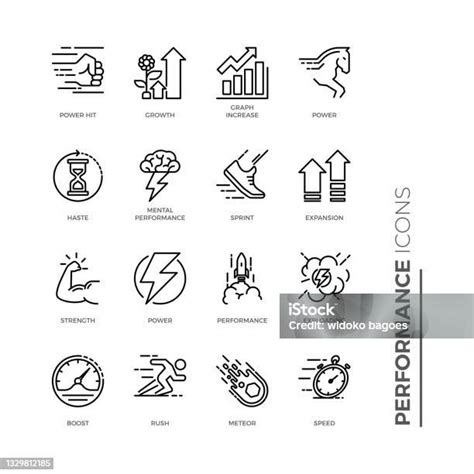 성능 아이콘 디자인 성능 관련 벡터 라인 아이콘의 간단한 집합입니다 확장 힘 해시 속도 성장 등과 같은 아이콘이 포함되어 있습니다 아이콘에 대한 스톡 벡터 아트 및 기타