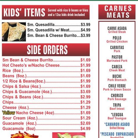 Tacos La Villa Menu In Bakersfield California USA