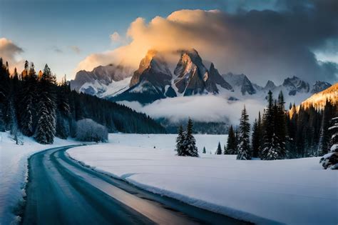 Premium AI Image A Road In Front Of A Mountain With Snow On The