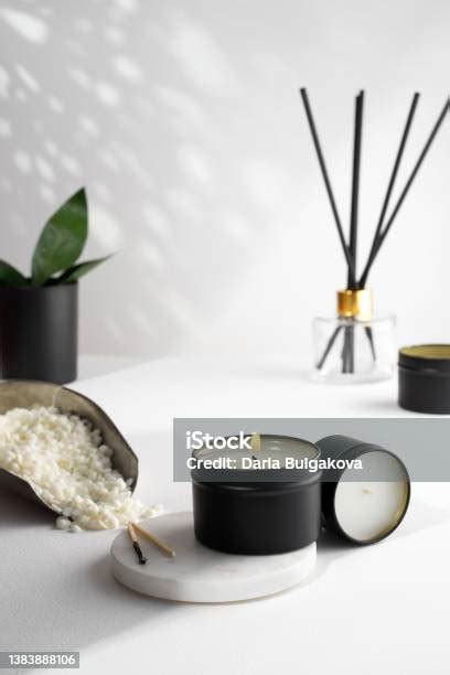 검은 항아리에 콩 왁스 촛불 녹색 잎 흰색 배경에 식물 천연 친환경 유기농 왁스 양초 트렌디 한 컨셉 미니 멀 등등 투영 복사 공간을 복사합니다 촛불 조명 장비에 대한 스톡