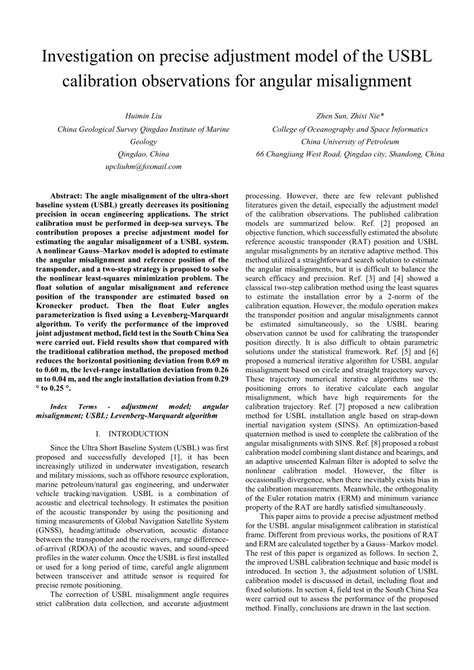 Pdf Investigation On Precise Adjustment Model Of The Usbl Calibration Observations For Angular