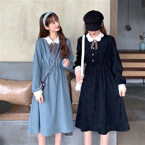 Jual Gaun Klasik Wanita Gaya Korea Kerah Boneka Tali Pita Di Leher Cantik Imut Anggun Shopee