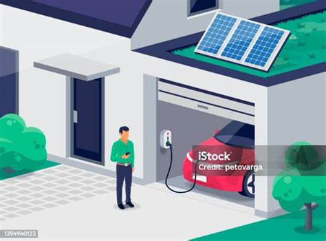 벽 상자 충전기 스테이션에 차고 내부 현대 가정에서 전기 자동차 주차 충전 전기 자동차 대체 연료 자동차에 대한 스톡 벡터 아트 및 기타 이미지 전기 자동차 대체 연료