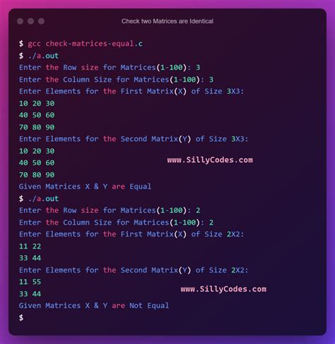 Check Two Matrices Are Identical In C Check Two Matrices Are Equal