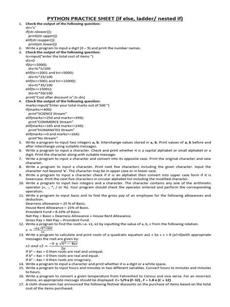 Python Practice Sheet If Else Elif Pdf Computer Programming