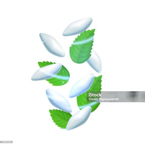 현실적인 상세한 3d 신선한 그린 민트 잎과 민트 껌 벡터 3차원 형태에 대한 스톡 벡터 아트 및 기타 이미지 3차원 형태
