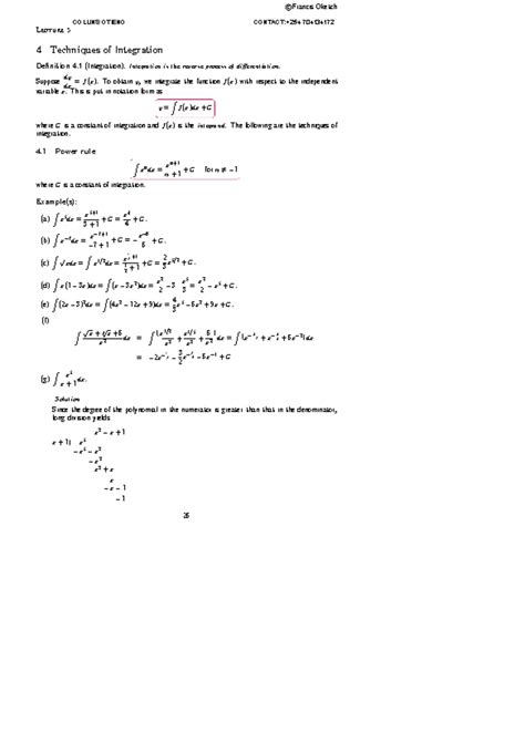 Calculus II Lec Notes Set CFrancis Oketch Lecture Techniques Of Integration Definition