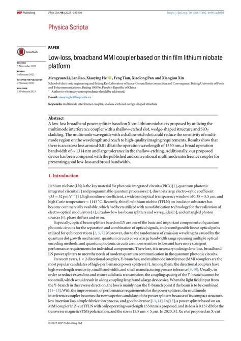 Low Loss Broadband Mmi Coupler Based On Thin Film Lithium Niobate